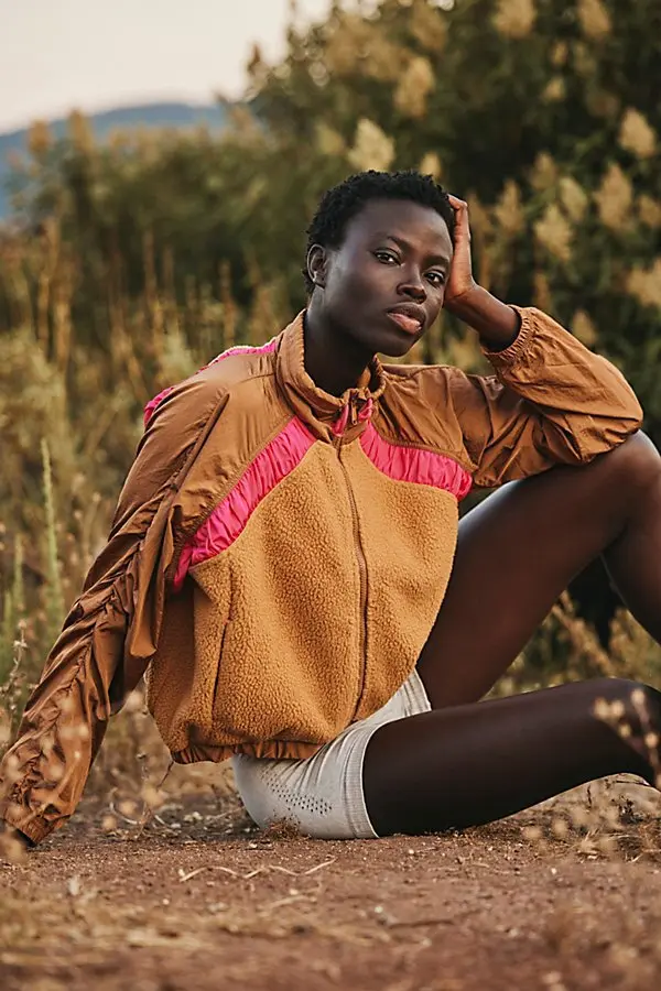 Free People Amelia Zip Up Fleece In Camel/Malibu Combo - 53% Off